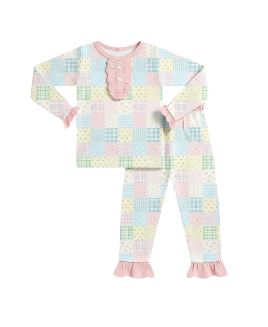 Pink Patchwork Ruffle Pajamas – Ruby James Children’s Boutique